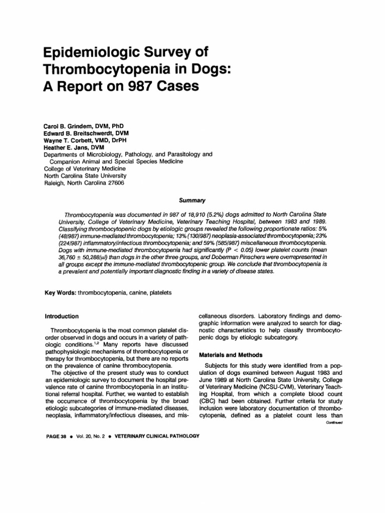 GRINDEM Epidemiologic Survey of Thrombocytopenia in Dogs | PDF