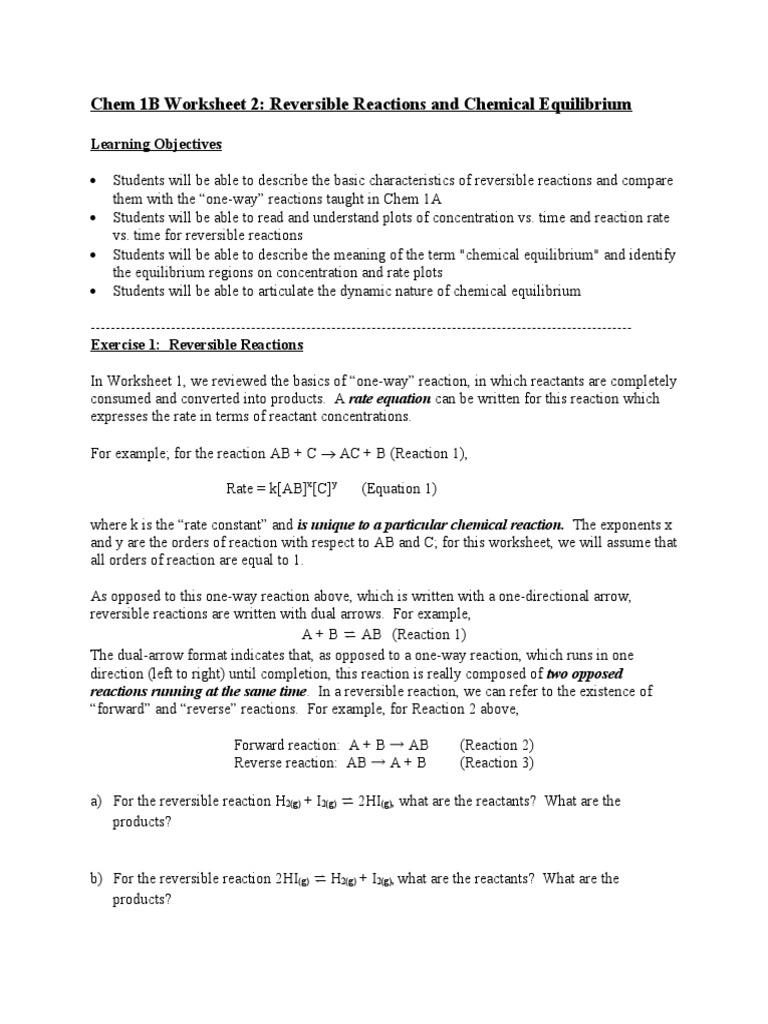 Worksheet 2 - Reversible Reactions and Chemical Equilibrium POSTED FALL ...