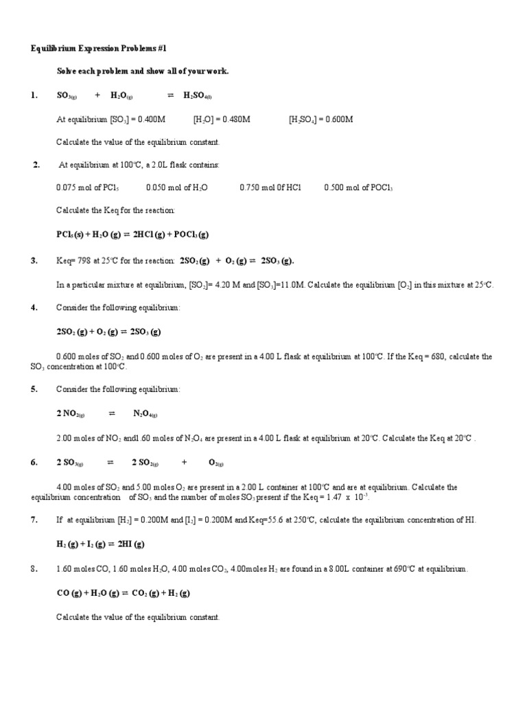 Equilibrium Large Worksheet | PDF | Chemical Equilibrium | Mole (Unit)