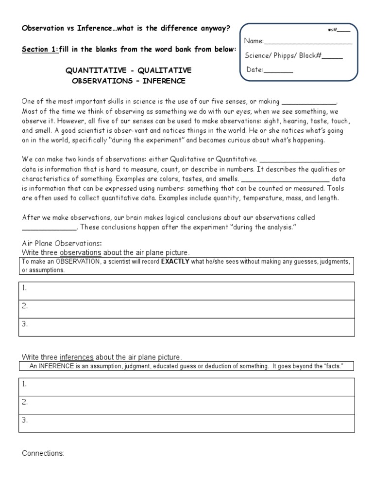Observation Vs Inference Notes and Worksheet | PDF | Observation ...