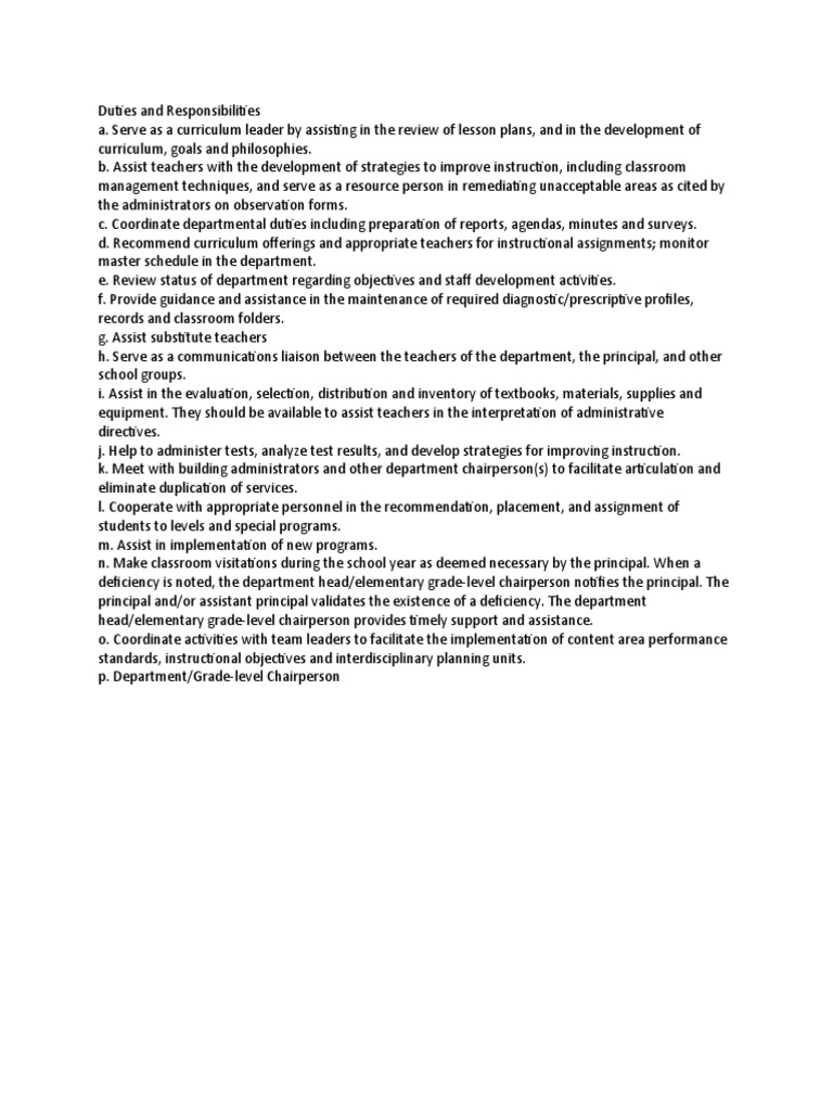 Duties and Responsibilities of GRADE LEVEL CHAIRMAN | PDF | Career ...