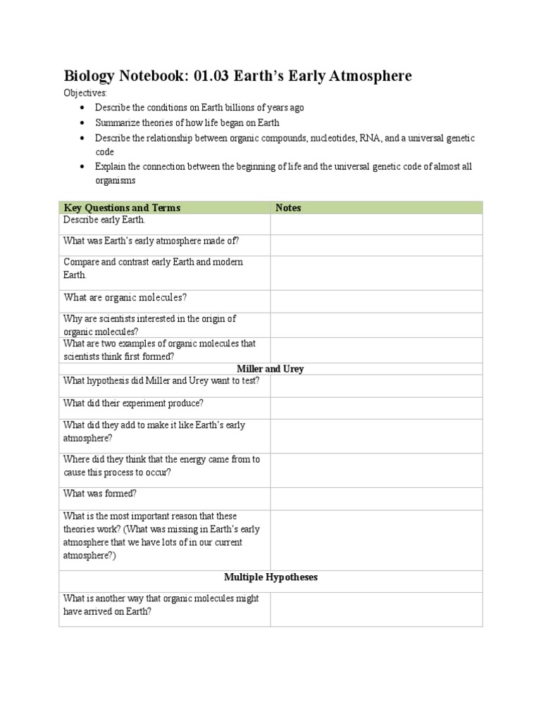 Biology Notebook: 01.03 Earth's Early Atmosphere: Key Questions and ...