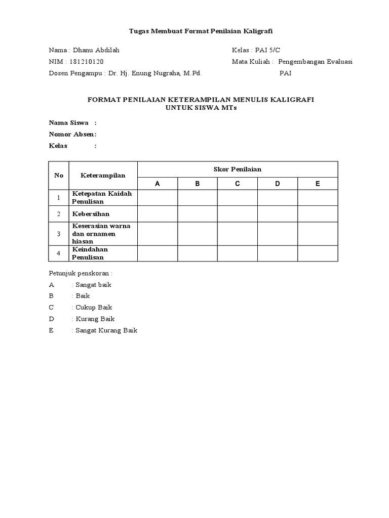 Format Penilaian Kaligrafi (Dhanu A 181210120) | PDF