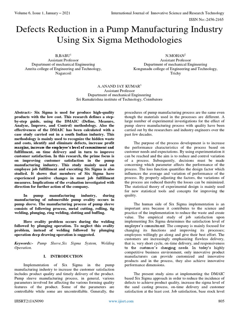 Defects Reduction in a Pump Manufacturing Industry Using Six Sigma ...