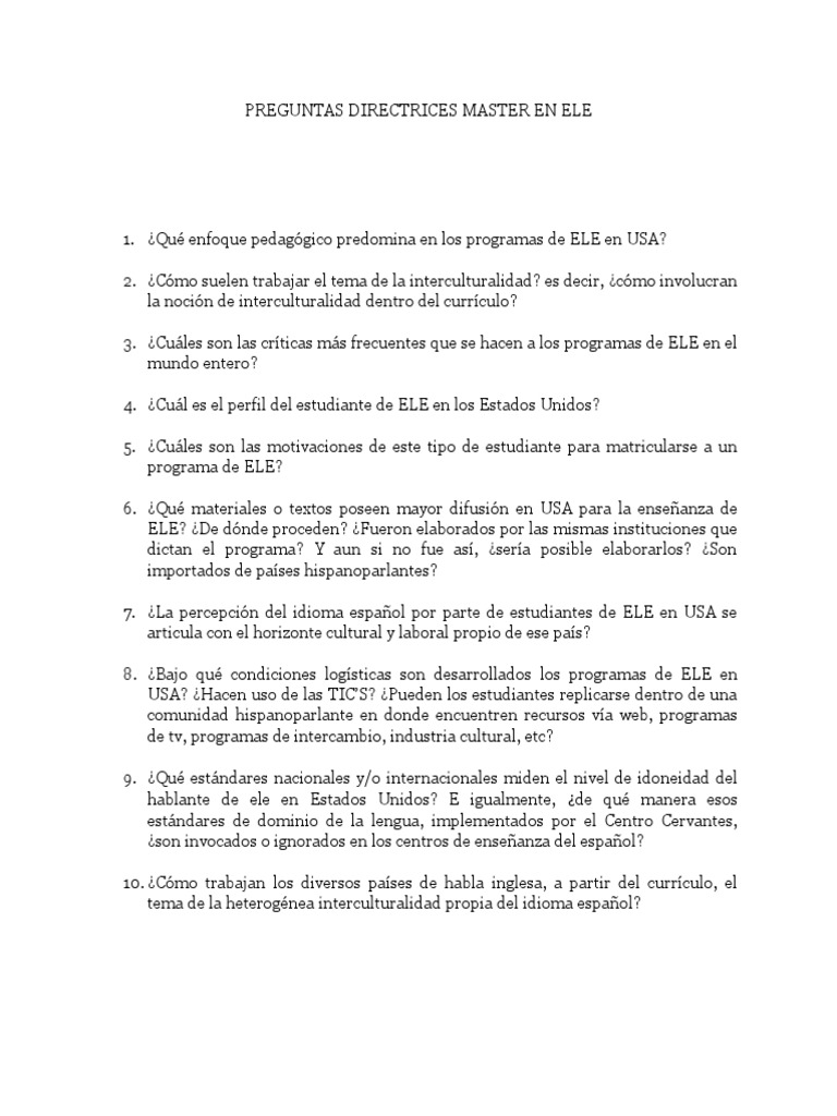 Preguntas Directrices Master en Ele | PDF | Salud y bienestar | Artes ...