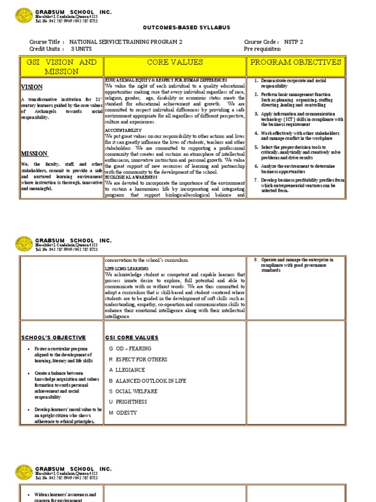 Gsi Vision and Mission Core Values Program Objectives | PDF | Quality ...