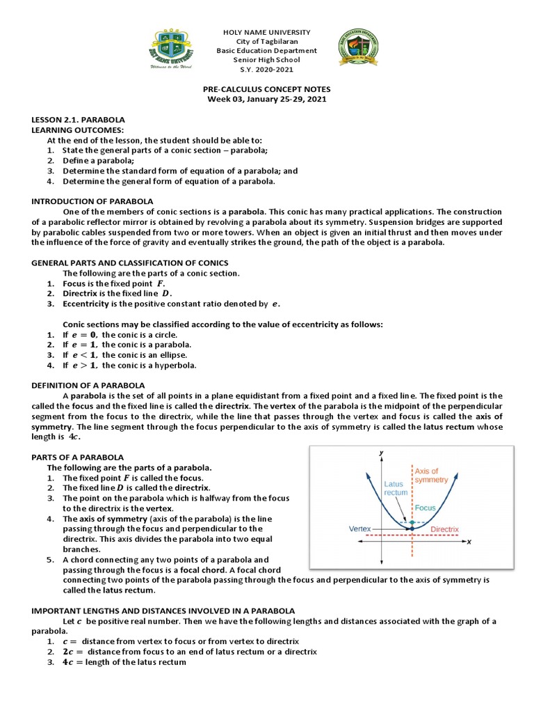 Concept Notes On Parabola | PDF