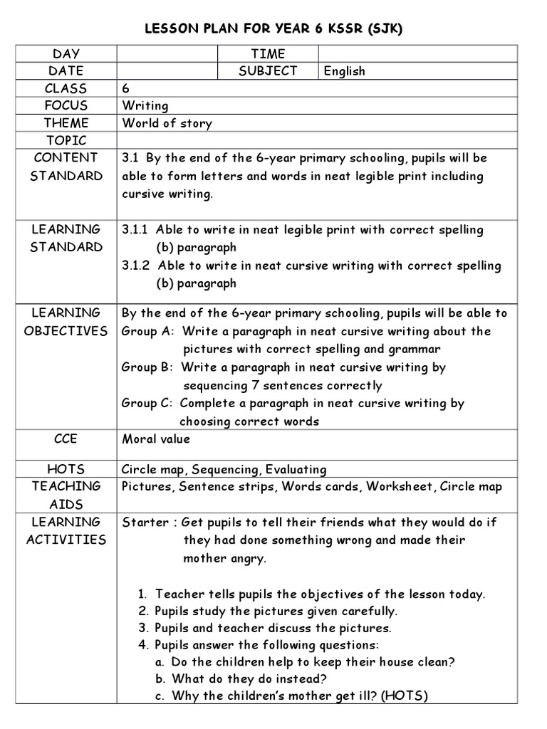 Lesson Plan For Year 6 KSSR-SJK | PDF | Lesson Plan | Learning