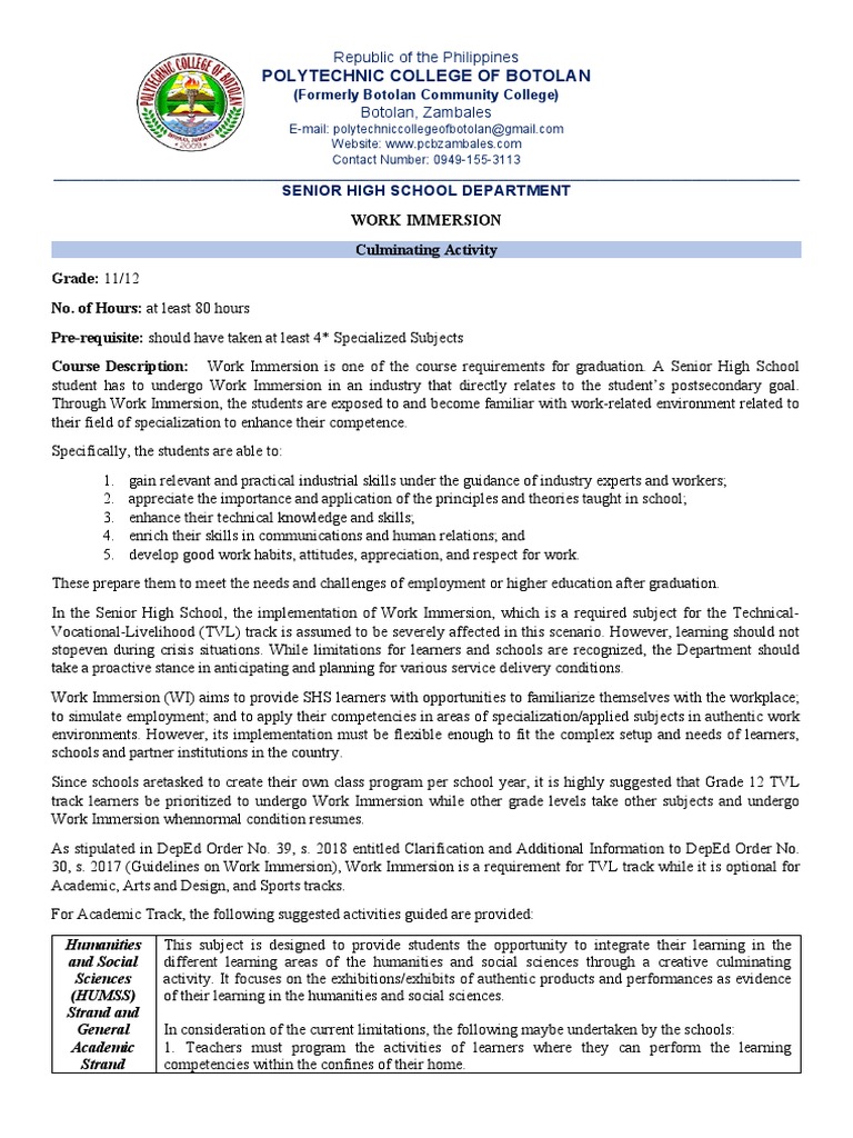 Work Immersion - COURSE OUTLINE | PDF | Social Science | Humanities