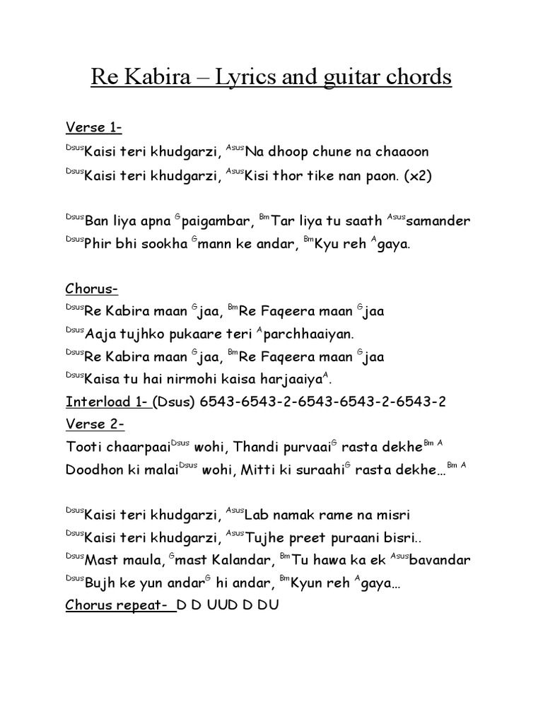 Re Kabira - Lyrics and Guitar Chords: Dsus Asus Dsus Asus | PDF ...