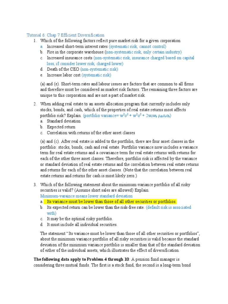 Tutorial 6 Chap 7 Efficient Diversification The Following Data Apply To Problem 4 Through 10