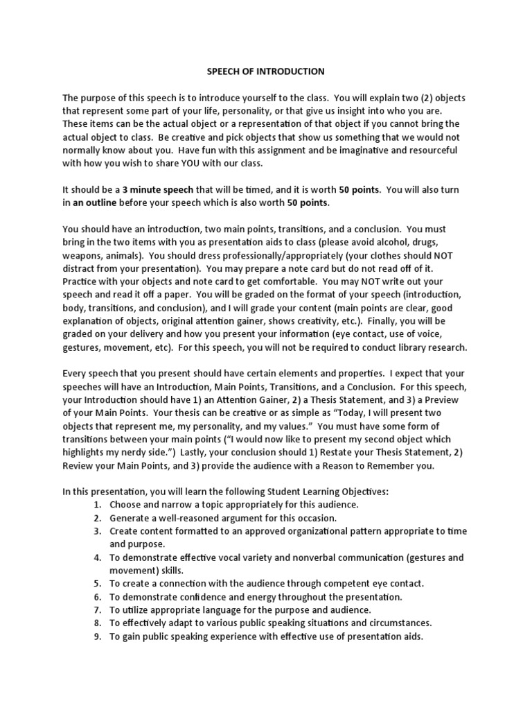 Speech of Intro Handout | PDF | Gesture | Nonverbal Communication