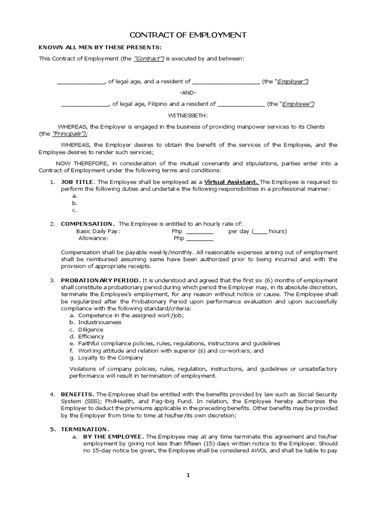 Draft Contract of Employment | PDF | Employment | Indemnity