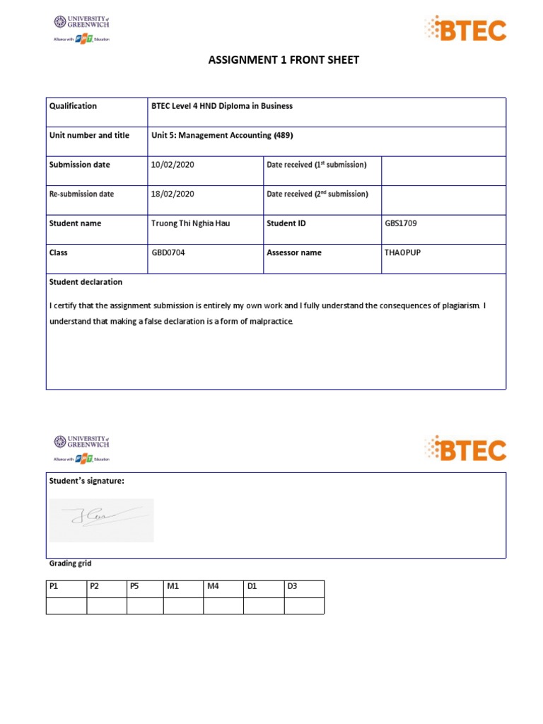 489 Assignment 1 Frontsheet - Updated@ | Download Free PDF | Management Accounting | Goal