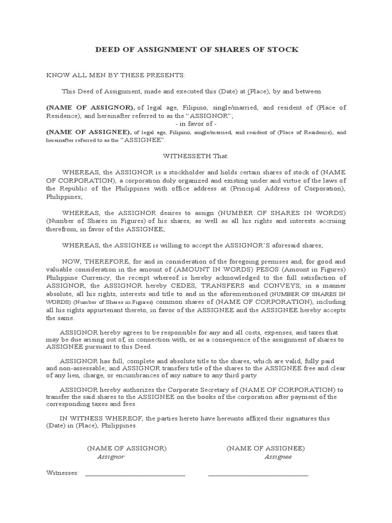 Deed of Assignment of Shares of Stock | PDF | Assignment (Law ...