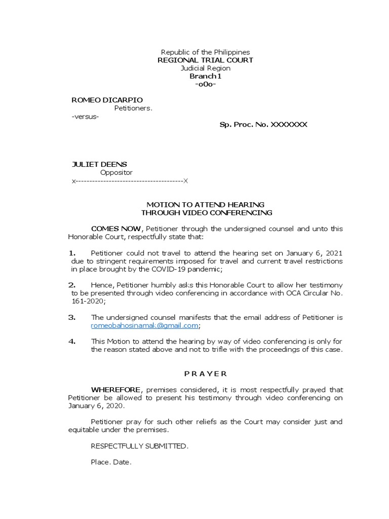 Motion for Video Conferencing Hearing | PDF