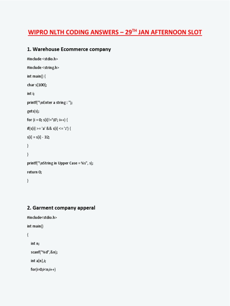 Wipro NLTH Coding Answers - 29TH Jan Afternoon Slot | PDF | Computer Science | Computer Programming