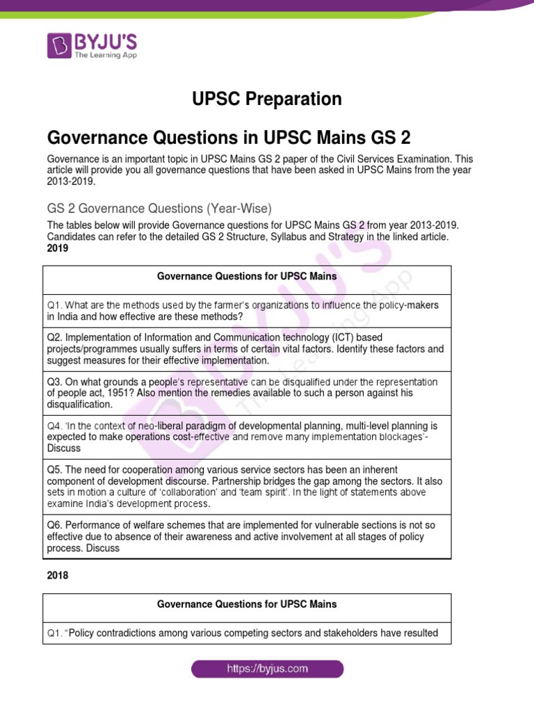 UPSC Mains Governance PYQs (2013-2019) | PDF | Wash | Governance