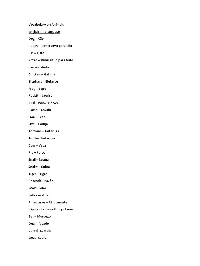 Vocabulary On Animals English - Portuguese | PDF