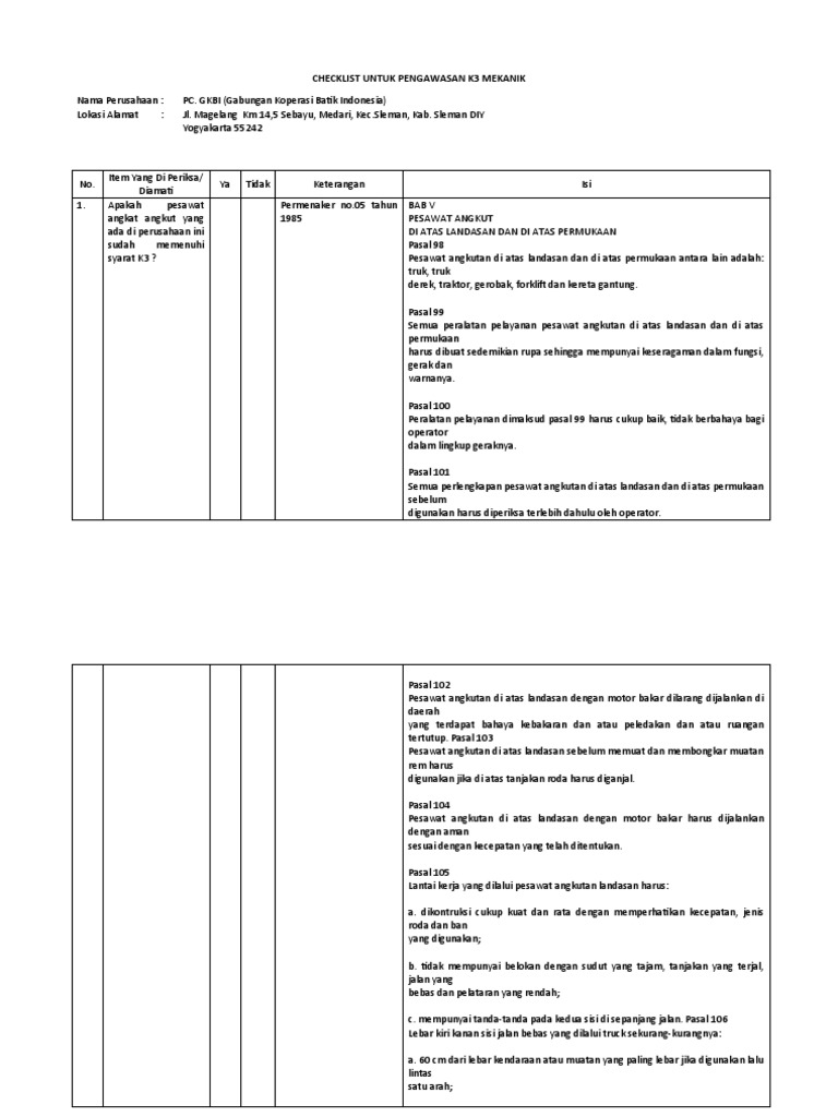 Checklist Untuk Pengawasan K3 Mekani1 | PDF