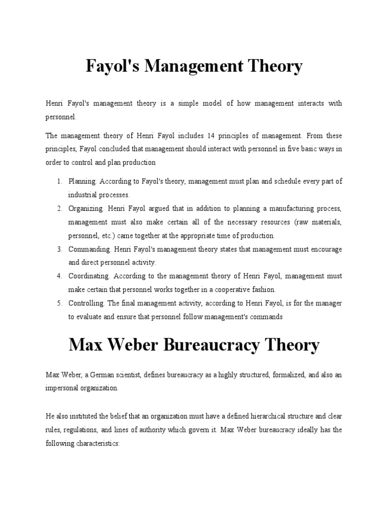 Fayol's Management Theory | PDF | Bureaucracy | Max Weber