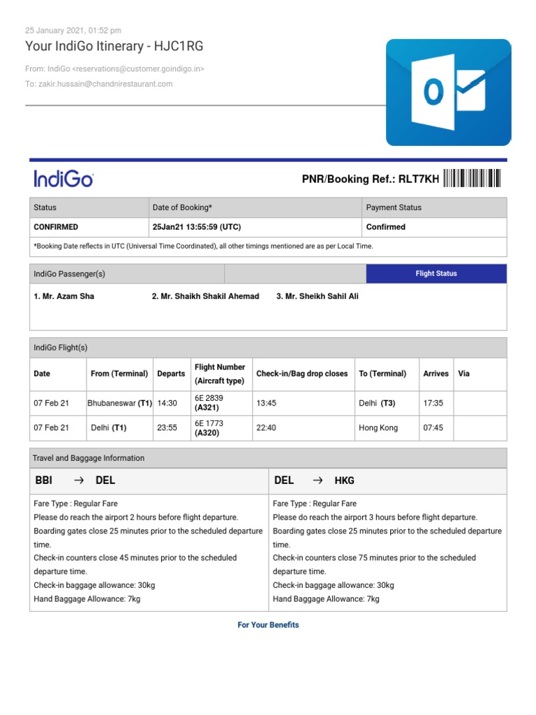 Your Indigo Itinerary - Hjc1Rg: Pnr/Booking Ref.: Rlt7Kh | PDF ...