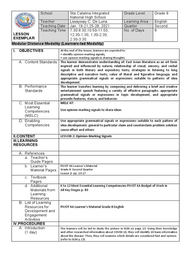 Lesson Exemplar Modular Distance Modality (Learners-Led Modality) I ...