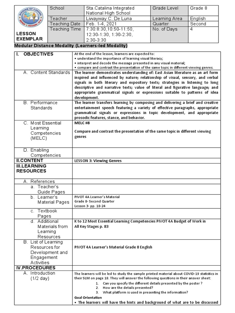 Grade 8 English: Visual Literacy & Viewing Genres | PDF | Genre | Teaching