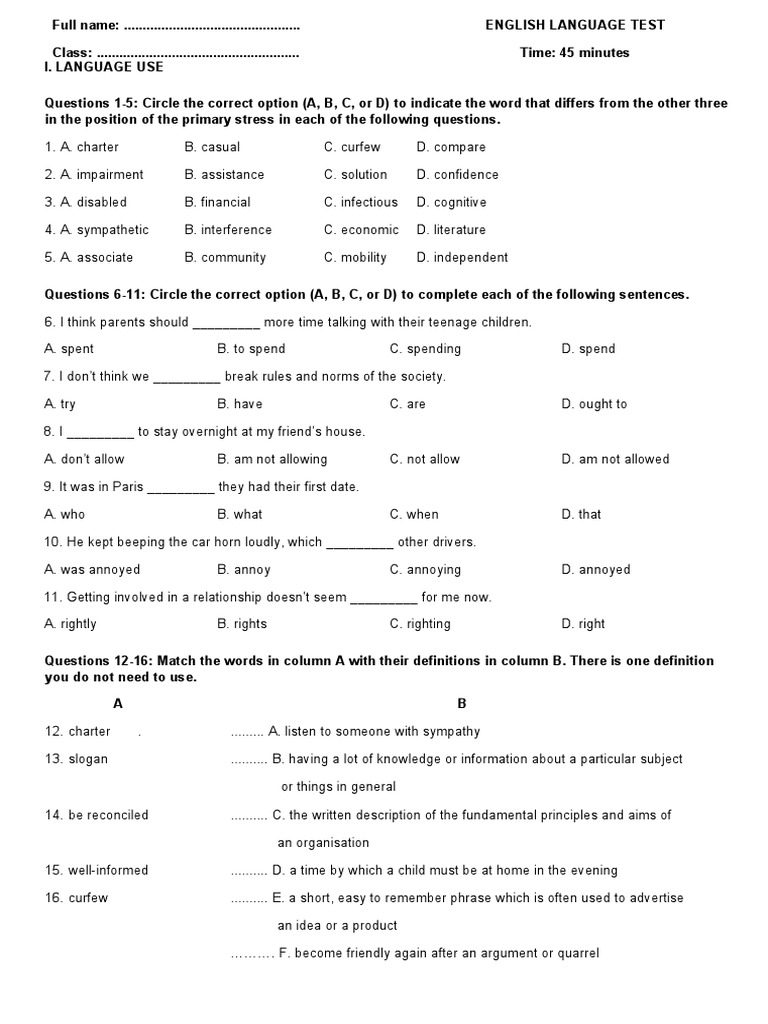 English Language Test | PDF | Adolescence