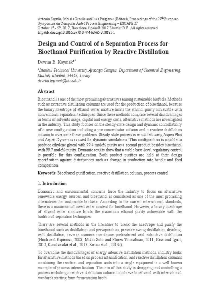 Design and Control of A Separation Process For Bioethanol Purification ...