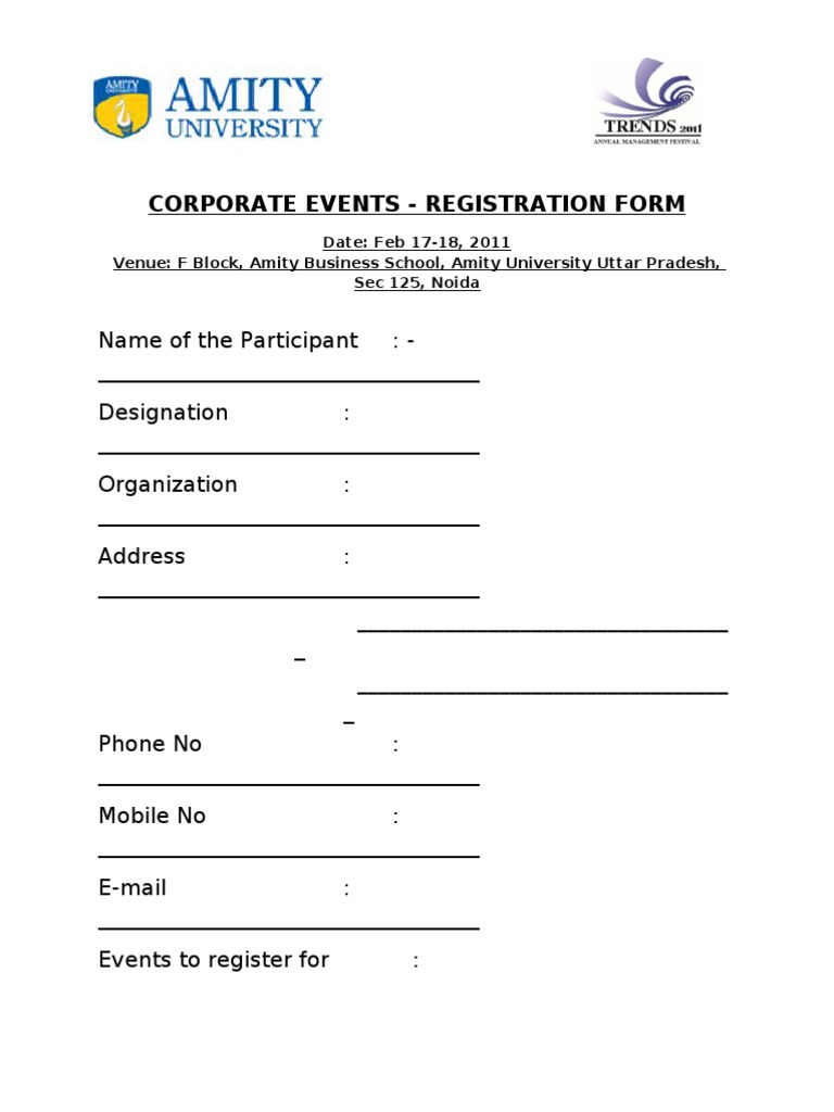Amity Corporate Events Registration Form | PDF