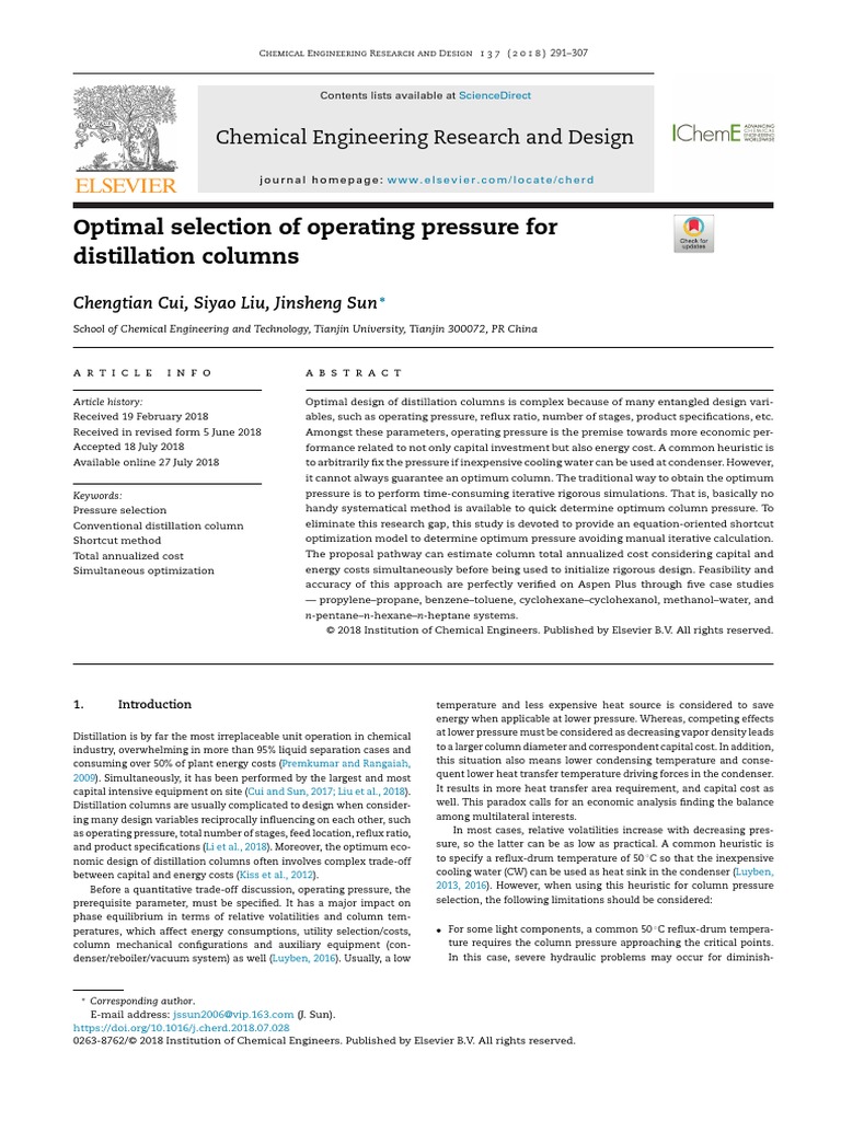 Optimal Selection of Operating Pressure For Distillation Columns | PDF | Distillation ...