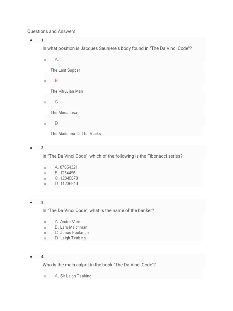 Da Vinci Code Questions and Answers | PDF