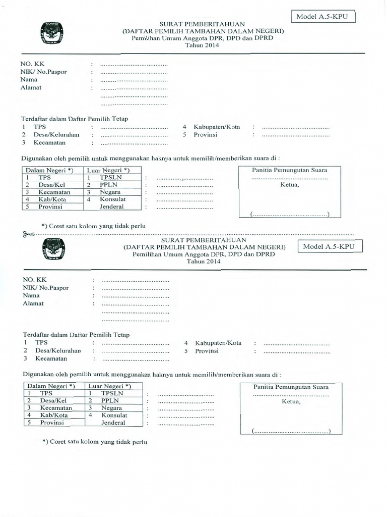 Model A5 - Formulir Untuk Pindah TPS | PDF