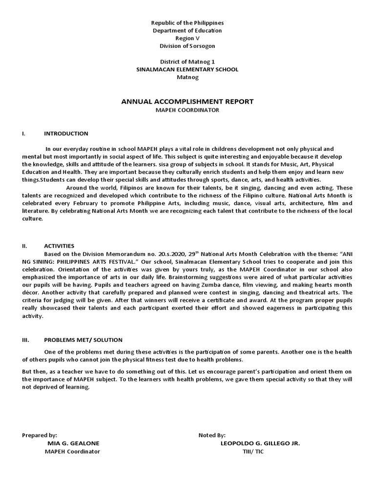 Accomplishment Report (Mapeh) Sinalmacan Es | PDF | Pedagogy | Learning