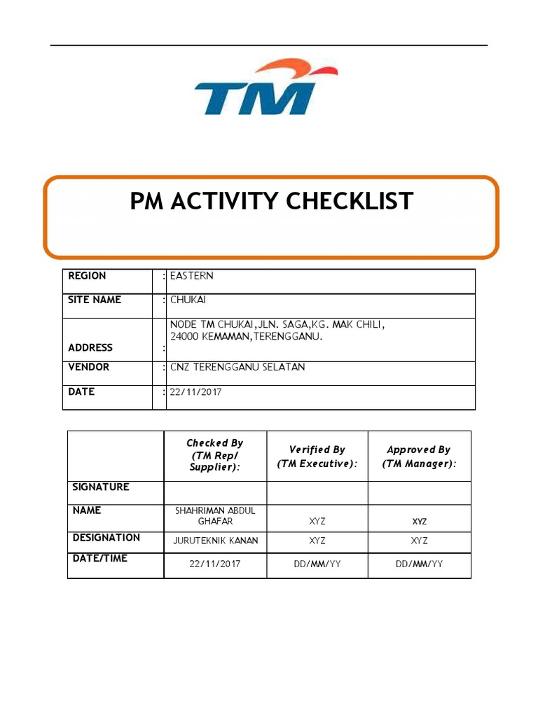 PM Activity Checklist: Region Site Name | PDF | Electrical Engineering ...