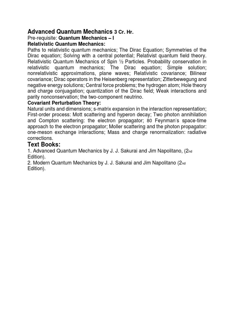 Advanced Quantum Mechanics Course Contents - 2 | PDF | Quantum Field ...
