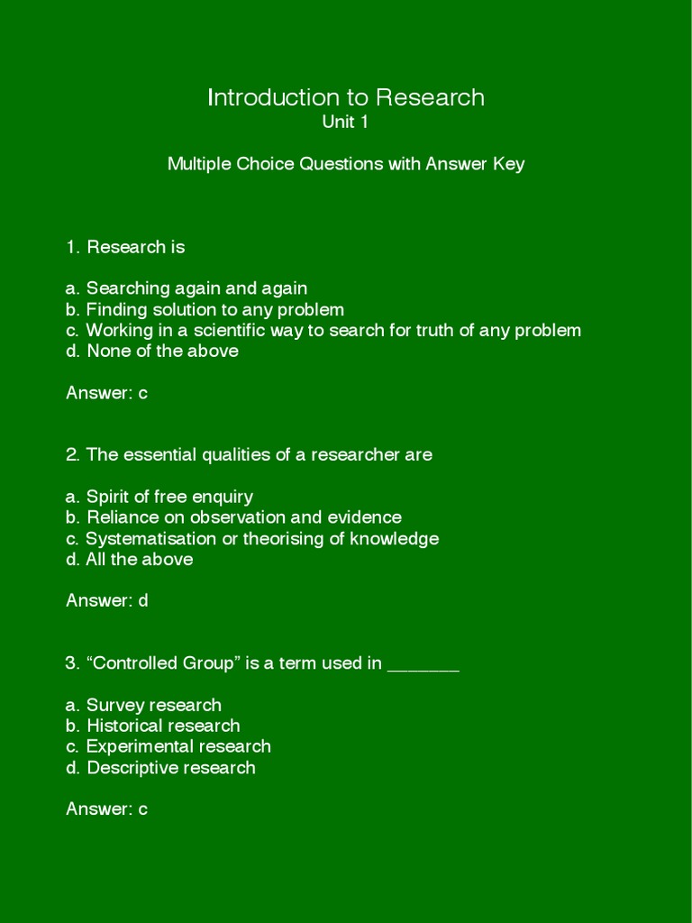 MCQs Unit 1 Introduction To Research | PDF | Teaching Methods ...