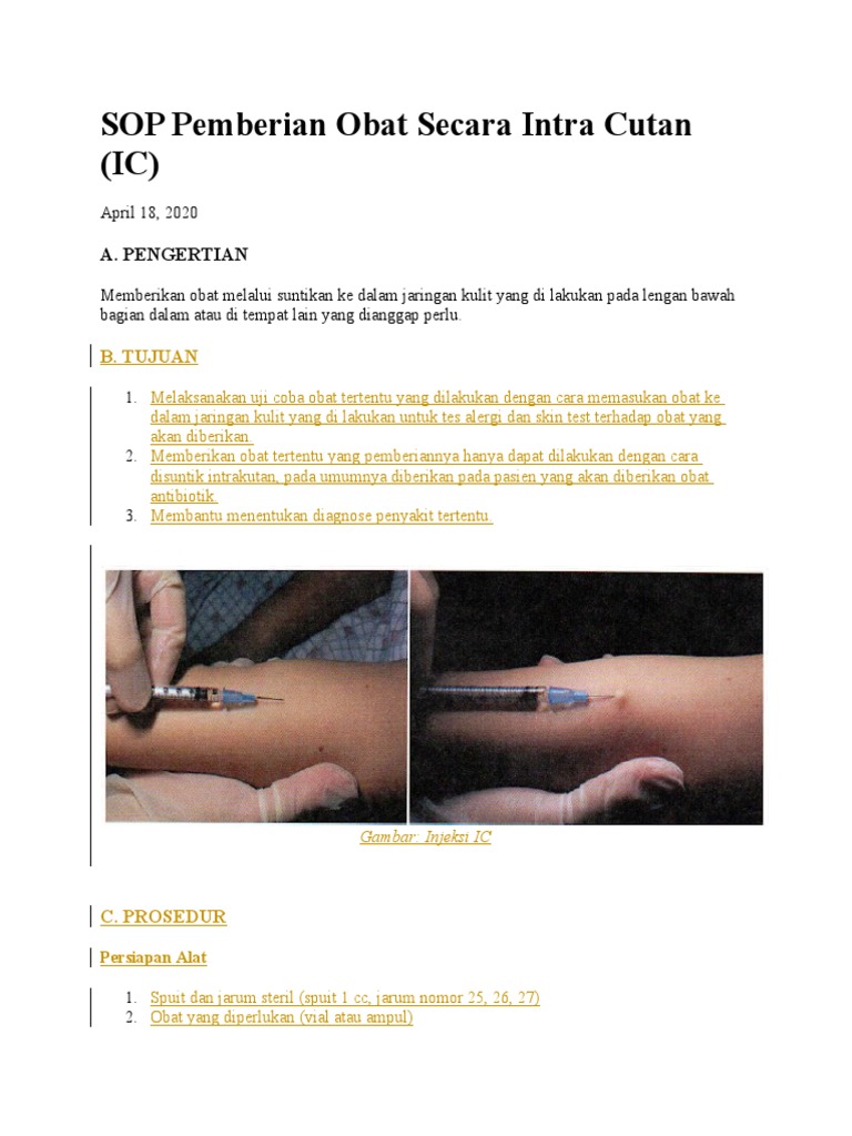 SOP Pemberian Obat Secara Intra Cutan (IC) : A. Pengertian | PDF
