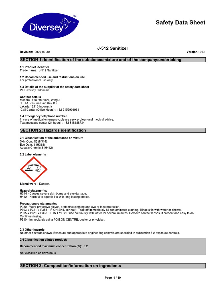 Safety Data Sheet: SECTION 1: Identification of The Substance/mixture ...