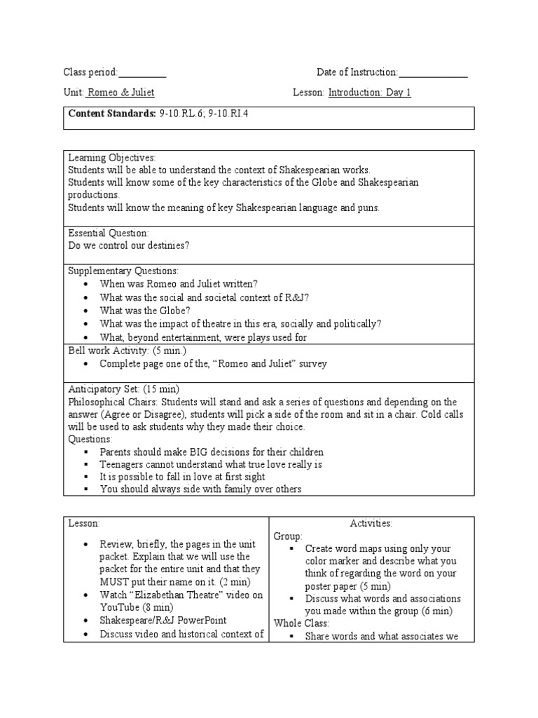 Unit Plan Lesson Romeo and Juliet | PDF | William Shakespeare | Romeo ...