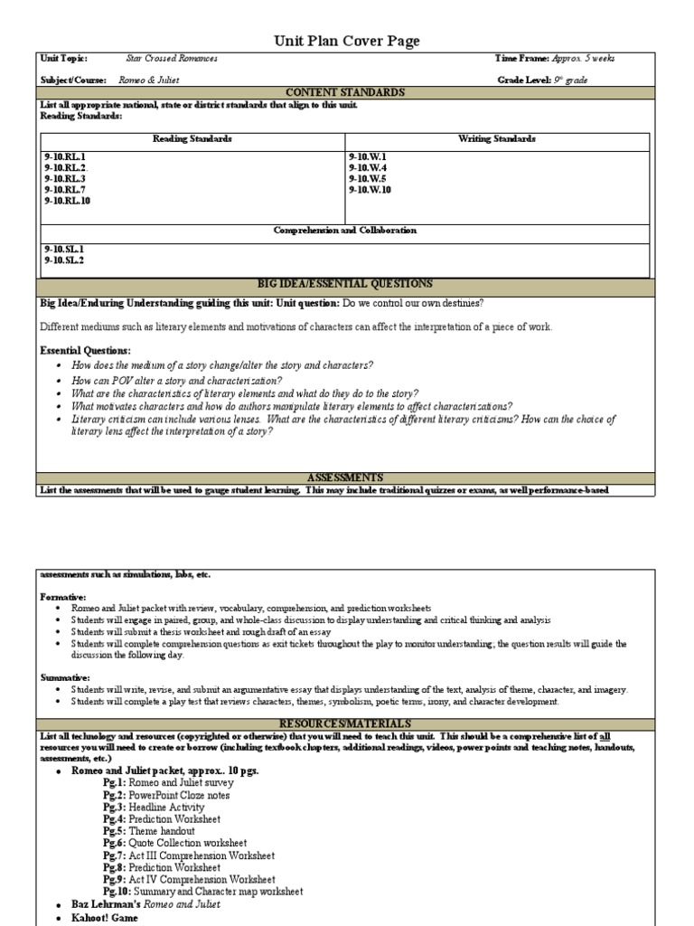 Romeo and Juliet Unit Plan | PDF | Reading Comprehension | Essays