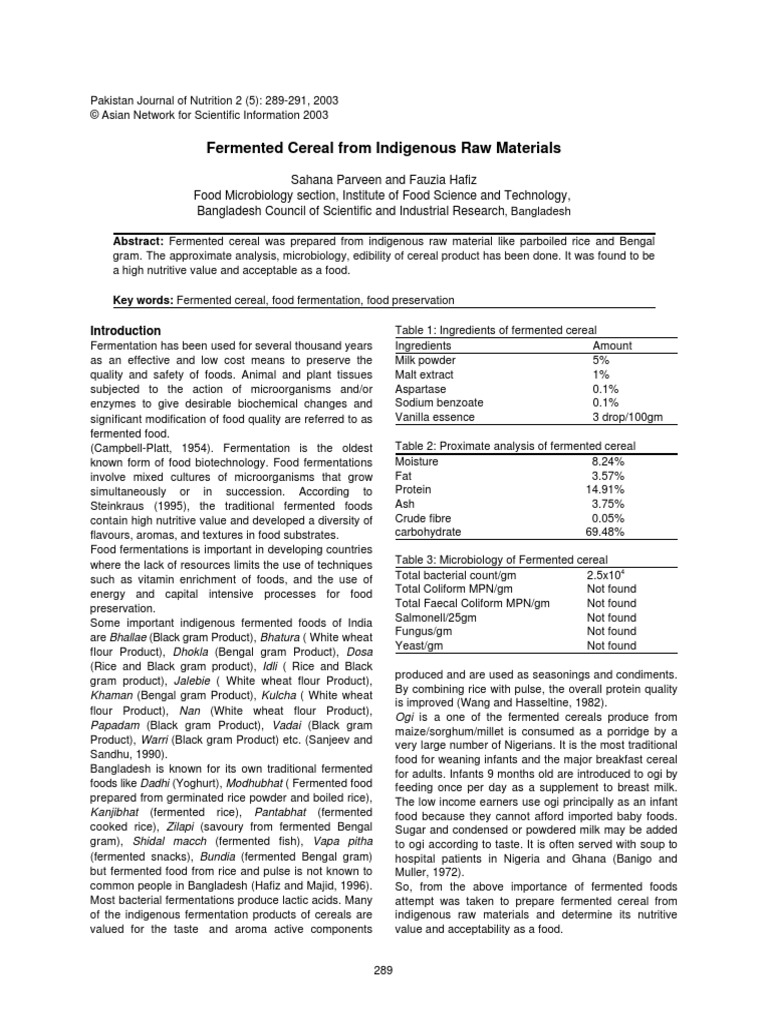 Fermented Cereal From Indigenous Raw Materials | PDF | Rice | Chickpea