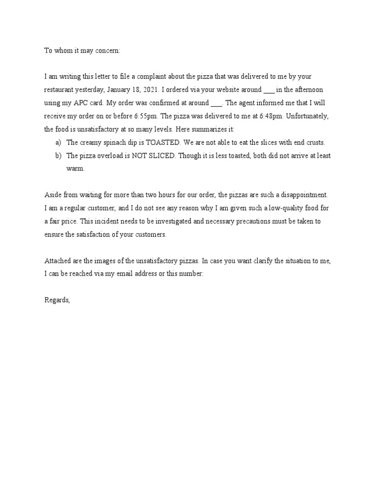 Angel's Pizza Complaint Letter | PDF