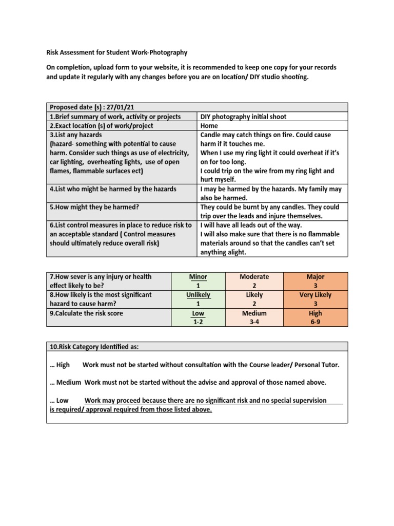 Risk Assessment For Student Work-Photography 1 | PDF | Risk | Hazards