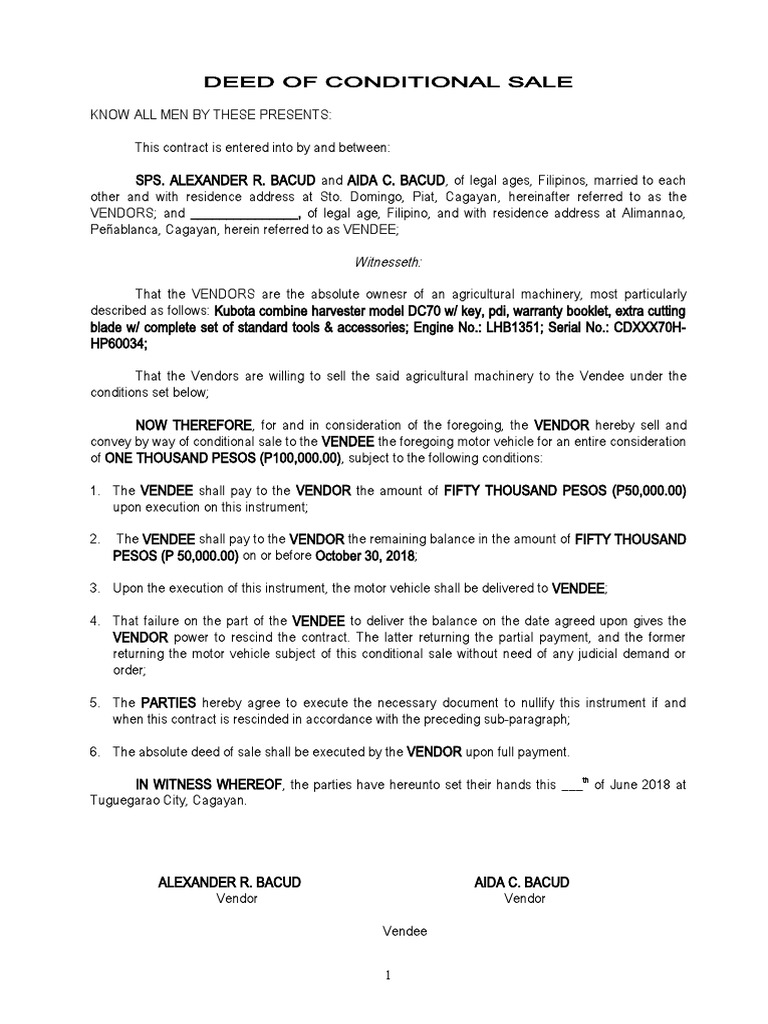 DEED OF CONDITIONAL SALe of Agricultural Machinery BACUD | PDF | Civil ...