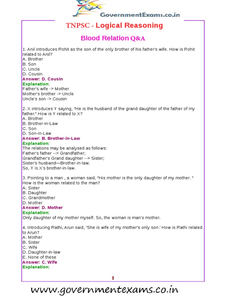 TNPSC - Logical Reasoning: Blood Relation Q&A | PDF