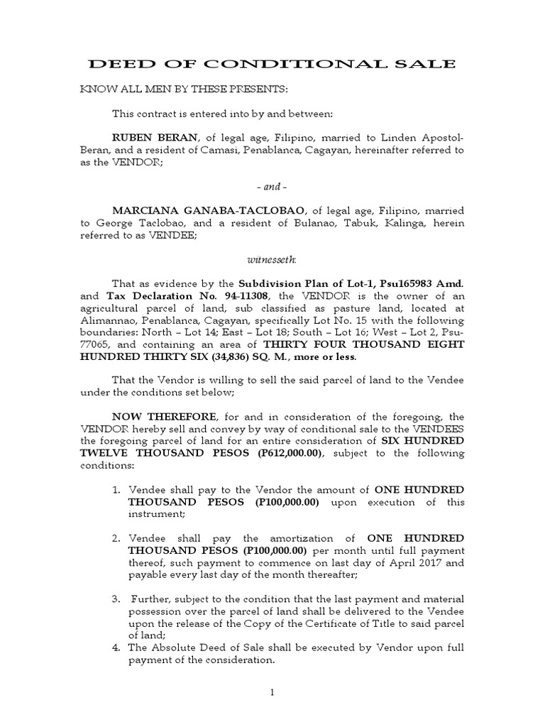 DEED OF CONDITIONAL SALe RUBEN BERAN | Download Free PDF | Private Law ...