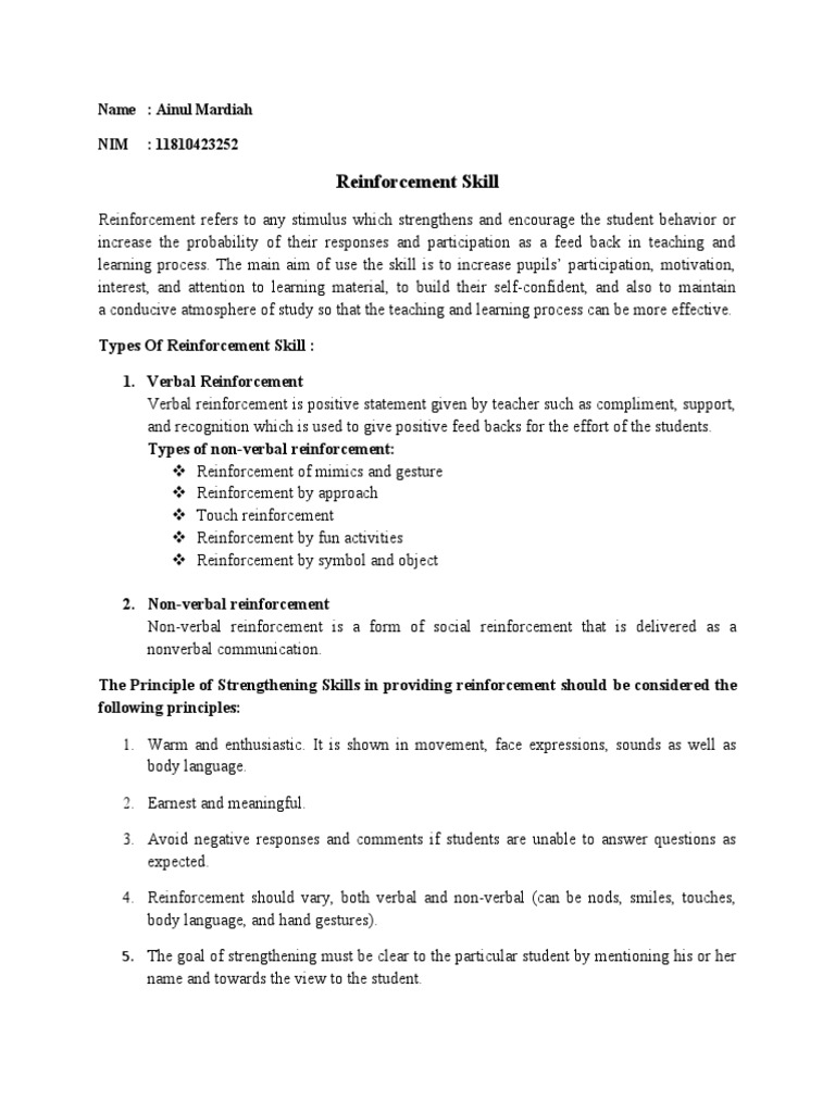 Types of Reinforcement Skill: 1. Verbal Reinforcement | PDF | Career ...