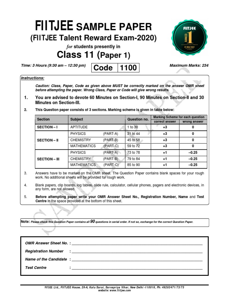 Ftre-2020-C-Xi-Paper-1-Iq+pcm-Sample Paper | PDF | Acceleration | Gases